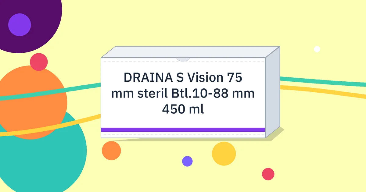 Symbolbild: Packung mit der Aufschrift DRAINA S Vision 75 mm steril Btl.10-88 mm 450 ml (PZN 04398330) – Verfügbarkeit und Bezug in Apotheken in Frankfurt am Main