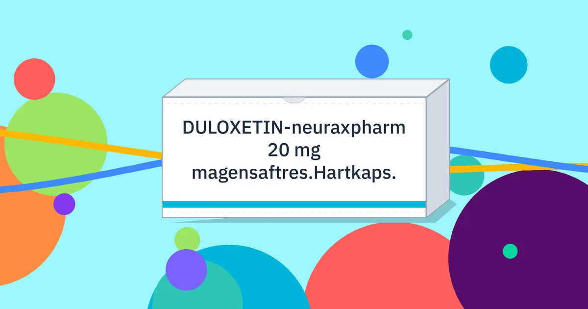 Symbolbild: Packung mit der Aufschrift DULOXETIN-neuraxpharm 20 mg magensaftres.Hartkaps. (PZN 13502111) – Verfügbarkeit und Bezug in Apotheken in Frankfurt am Main