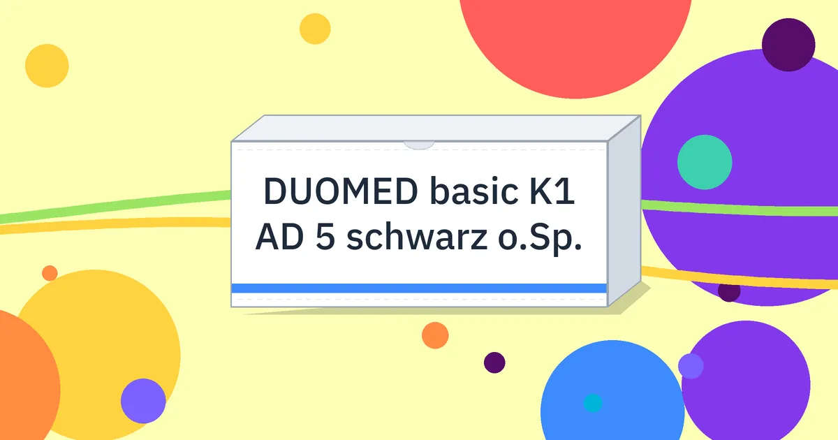 Symbolbild: Packung mit der Aufschrift DUOMED basic K1 AD 5 schwarz o.Sp. (PZN 20903394) – Verfügbarkeit und Bezug in Apotheken in Frankfurt am Main