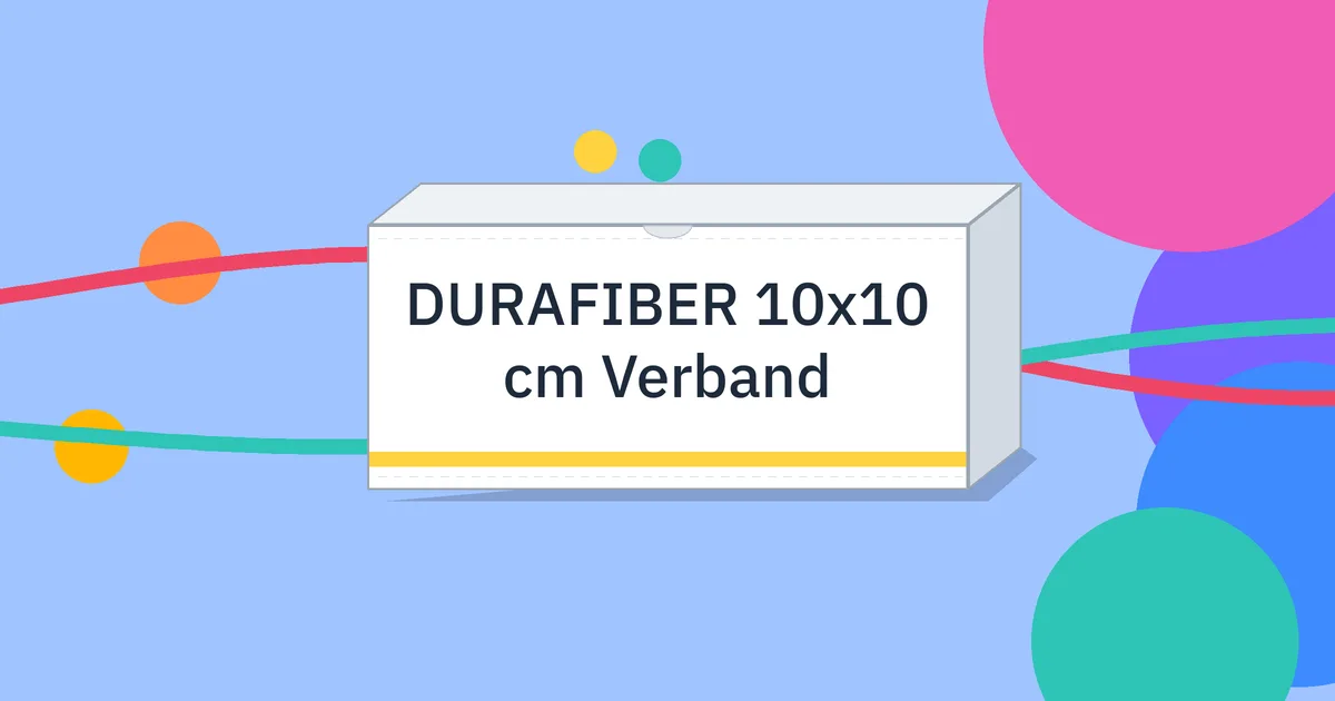 Symbolbild: Packung mit der Aufschrift DURAFIBER 10x10 cm Verband (PZN 13347834) – Verfügbarkeit und Bezug in Apotheken in Frankfurt am Main