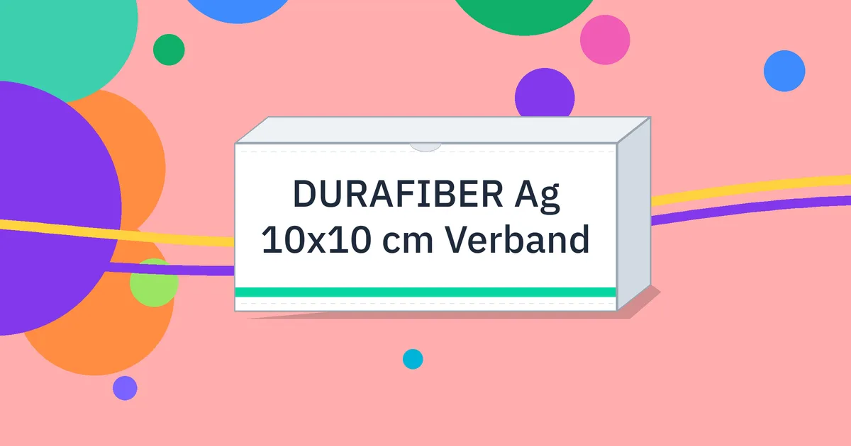 Symbolbild: Packung mit der Aufschrift DURAFIBER Ag 10x10 cm Verband (PZN 18051860) – Verfügbarkeit und Bezug in Apotheken in Frankfurt am Main