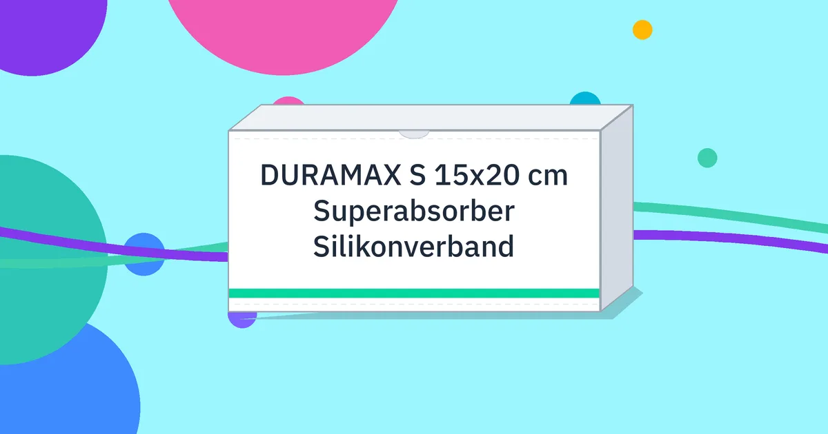 Symbolbild: Packung mit der Aufschrift DURAMAX S 15x20 cm Superabsorber Silikonverband (PZN 19119086) – Verfügbarkeit und Bezug in Apotheken in Frankfurt am Main