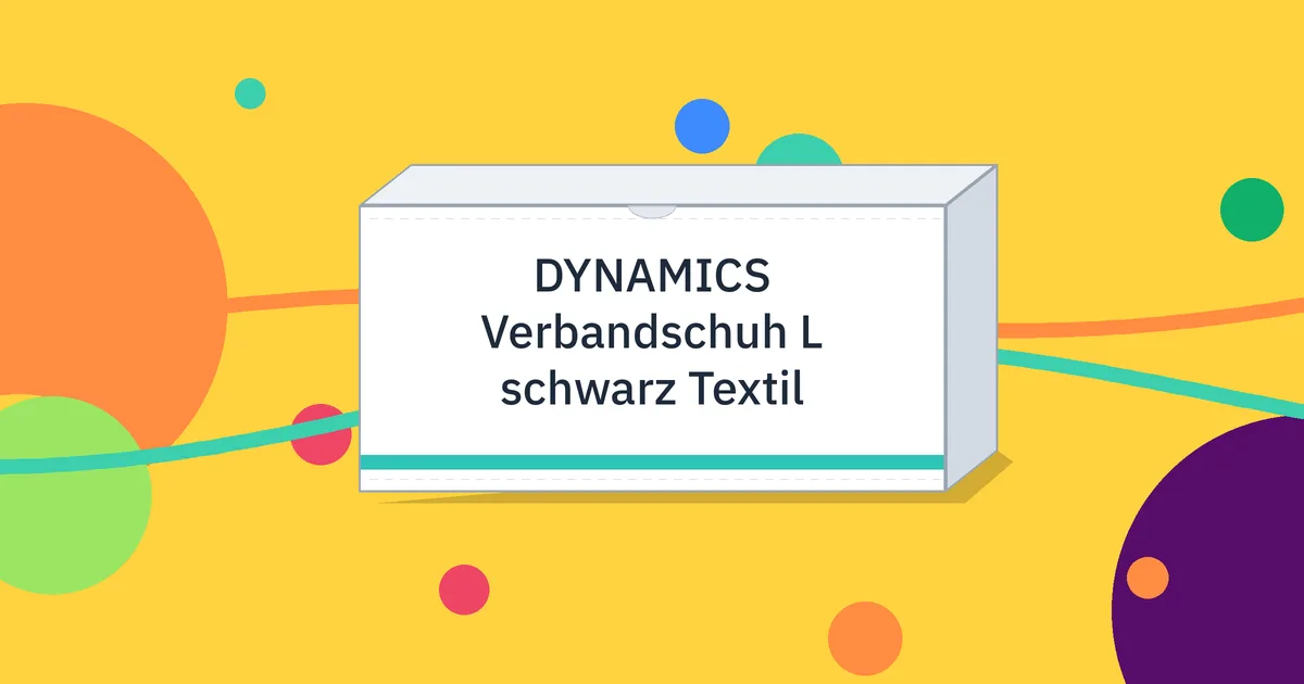 Symbolbild: Packung mit der Aufschrift DYNAMICS Verbandschuh L schwarz Textil (PZN 10635691) – Verfügbarkeit und Bezug in Apotheken in Frankfurt am Main