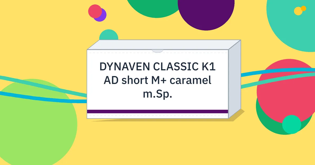 Symbolbild: Packung mit der Aufschrift DYNAVEN CLASSIC K1 AD short M+ caramel m.Sp. (PZN 18414966) – Verfügbarkeit und Bezug in Apotheken in Frankfurt am Main