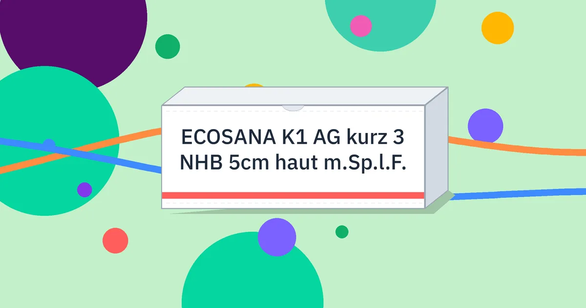 Symbolbild: Packung mit der Aufschrift ECOSANA K1 AG kurz 3 NHB 5cm haut m.Sp.l.F. (PZN 04727791) – Verfügbarkeit und Bezug in Apotheken in Frankfurt am Main