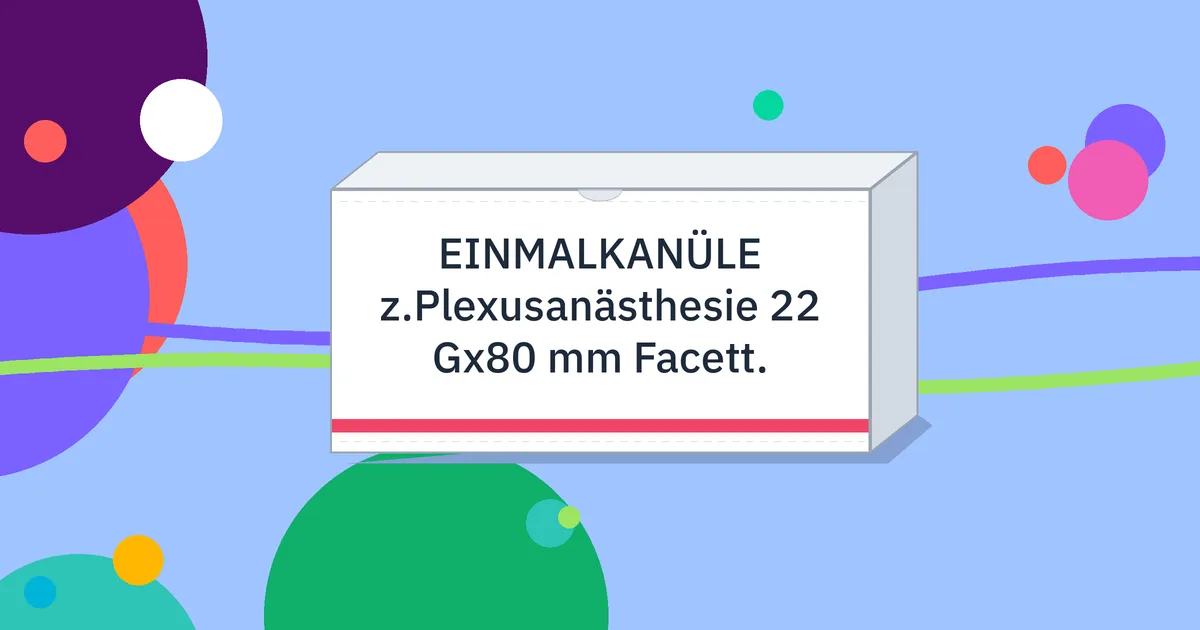 Symbolbild: Packung mit der Aufschrift EINMALKANÜLE z.Plexusanästhesie 22 Gx80 mm Facett. (PZN 17271536) – Verfügbarkeit und Bezug in Apotheken in Frankfurt am Main
