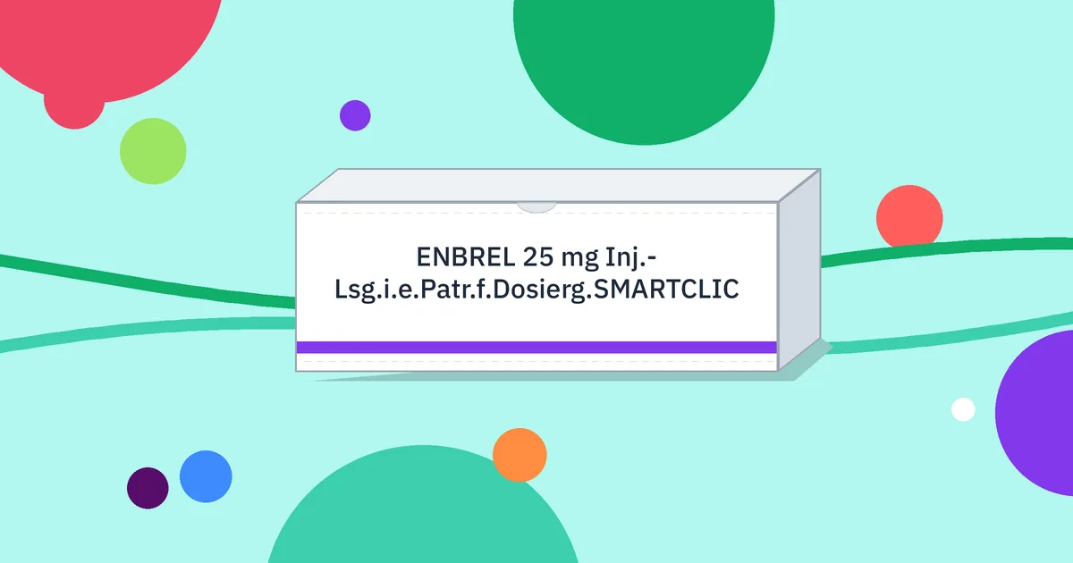 Symbolbild: Packung mit der Aufschrift ENBREL 25 mg Inj.-Lsg.i.e.Patr.f.Dosierg.SMARTCLIC (PZN 17281457) – Verfügbarkeit und Bezug in Apotheken in Frankfurt am Main