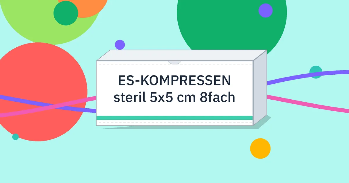 Symbolbild: Packung mit der Aufschrift ES-KOMPRESSEN steril 5x5 cm 8fach (PZN 20228805) – Verfügbarkeit und Bezug in Apotheken in Frankfurt am Main