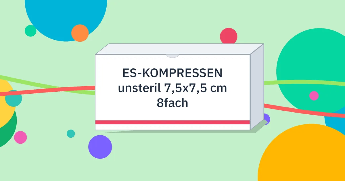 Symbolbild: Packung mit der Aufschrift ES-KOMPRESSEN unsteril 7,5x7,5 cm 8fach (PZN 19769795) – Verfügbarkeit und Bezug in Apotheken in Frankfurt am Main