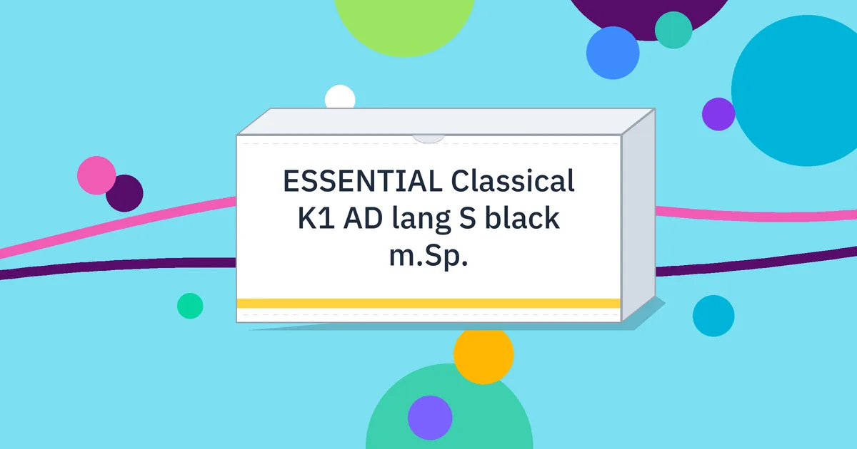 Symbolbild: Packung mit der Aufschrift ESSENTIAL Classical K1 AD lang S black m.Sp. (PZN 16999856) – Verfügbarkeit und Bezug in Apotheken in Frankfurt am Main