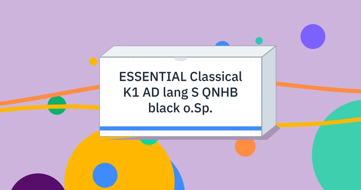 Symbolbild: Packung mit der Aufschrift ESSENTIAL Classical K1 AD lang S QNHB black o.Sp. (PZN 18866065) – Verfügbarkeit und Bezug in Apotheken in Frankfurt am Main