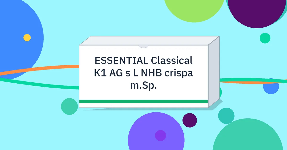 Symbolbild: Packung mit der Aufschrift ESSENTIAL Classical K1 AG s L NHB crispa m.Sp. (PZN 17003244) – Verfügbarkeit und Bezug in Apotheken in Frankfurt am Main