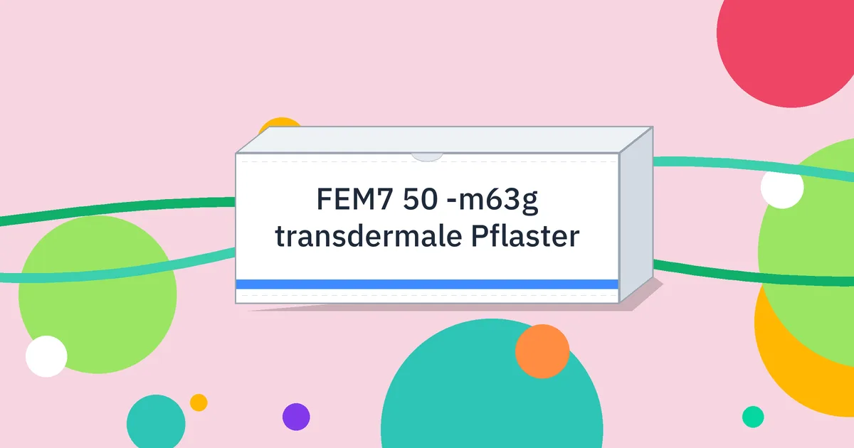 Symbolbild: Packung mit der Aufschrift FEM7 50 -m63g transdermale Pflaster (PZN 07525728) – Verfügbarkeit und Bezug in Apotheken in Frankfurt am Main