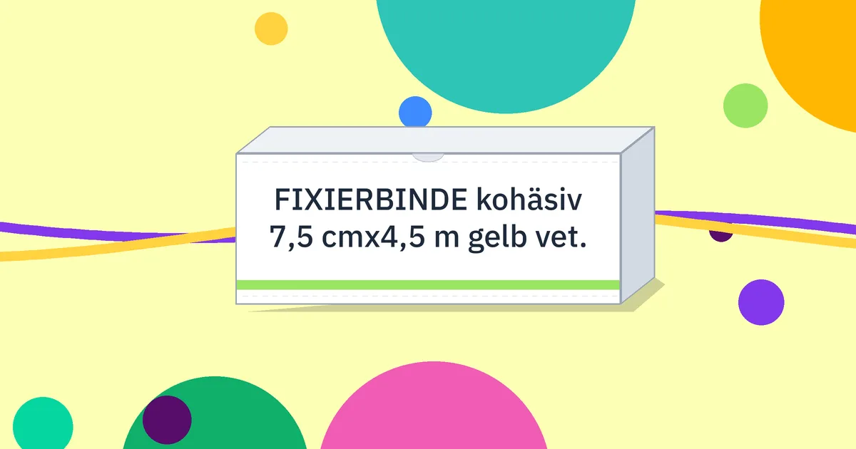 Symbolbild: Packung mit der Aufschrift FIXIERBINDE kohäsiv 7,5 cmx4,5 m gelb vet. (PZN 18605206) – Verfügbarkeit und Bezug in Apotheken in Frankfurt am Main