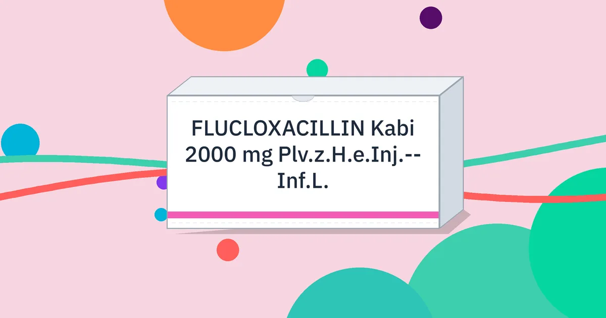 Symbolbild: Packung mit der Aufschrift FLUCLOXACILLIN Kabi 2000 mg Plv.z.H.e.Inj.--Inf.L. (PZN 17198756) – Verfügbarkeit und Bezug in Apotheken in Frankfurt am Main