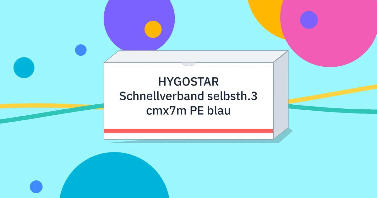 Symbolbild: Packung mit der Aufschrift HYGOSTAR Schnellverband selbsth.3 cmx7m PE blau (PZN 20606733) – Verfügbarkeit und Bezug in Apotheken in Frankfurt am Main