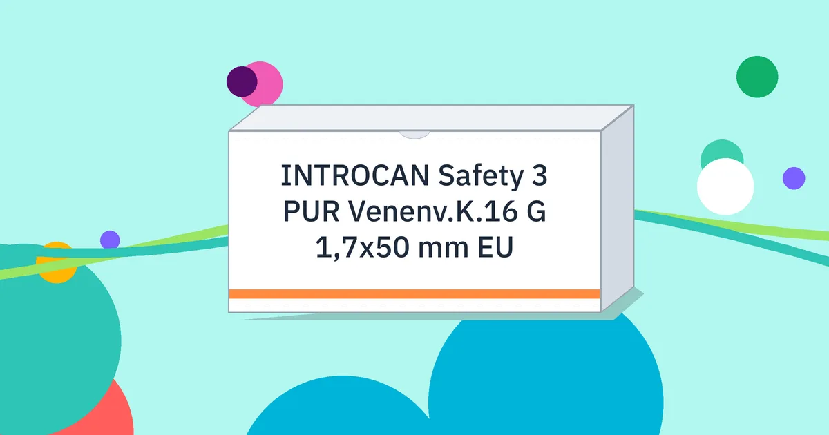 Symbolbild: Packung mit der Aufschrift INTROCAN Safety 3 PUR Venenv.K.16 G 1,7x50 mm EU (PZN 20345043) – Verfügbarkeit und Bezug in Apotheken in Frankfurt am Main