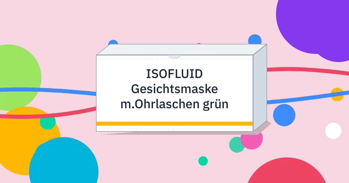 Symbolbild: Packung mit der Aufschrift ISOFLUID Gesichtsmaske m.Ohrlaschen grün (PZN 16594295) – Verfügbarkeit und Bezug in Apotheken in Frankfurt am Main