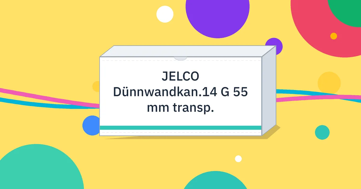 Symbolbild: Packung mit der Aufschrift JELCO Dünnwandkan.14 G 55 mm transp. (PZN 09106355) – Verfügbarkeit und Bezug in Apotheken in Frankfurt am Main