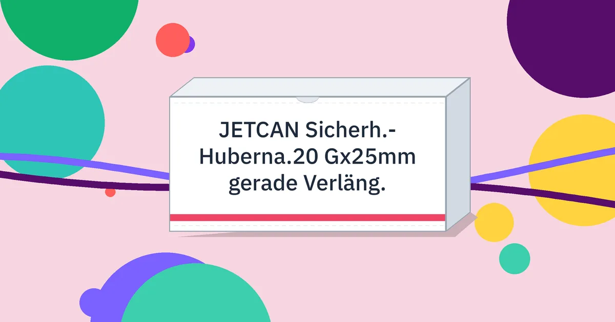 Symbolbild: Packung mit der Aufschrift JETCAN Sicherh.-Huberna.20 Gx25mm gerade Verläng. (PZN 20836002) – Verfügbarkeit und Bezug in Apotheken in Frankfurt am Main