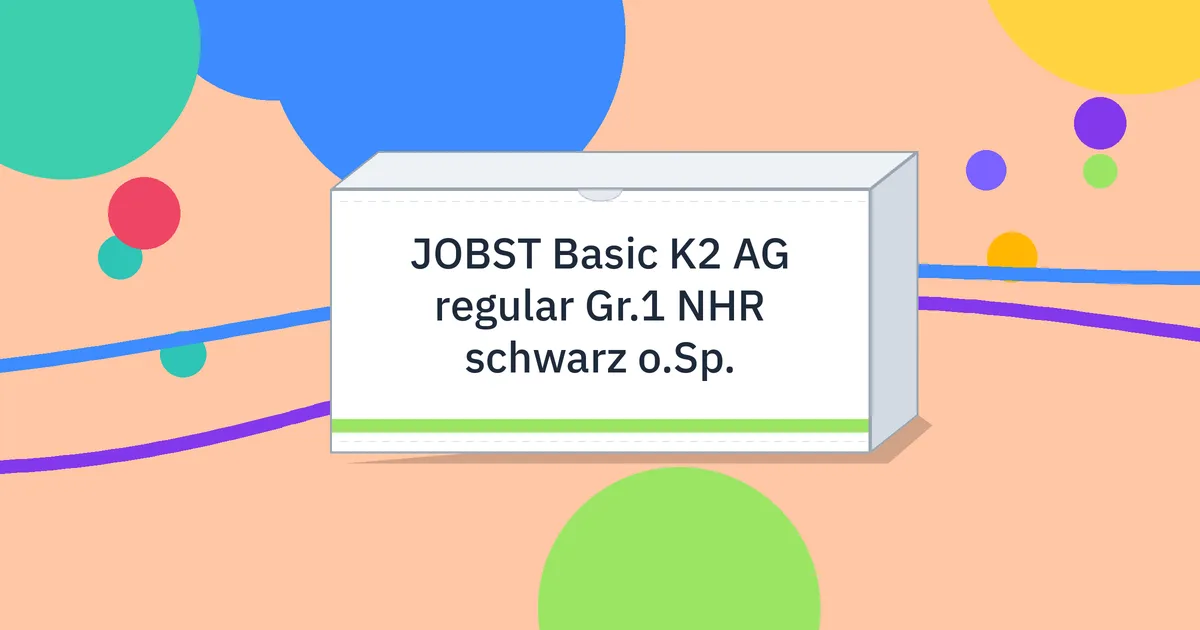 Symbolbild: Packung mit der Aufschrift JOBST Basic K2 AG regular Gr.1 NHR schwarz o.Sp. (PZN 15311562) – Verfügbarkeit und Bezug in Apotheken in Frankfurt am Main