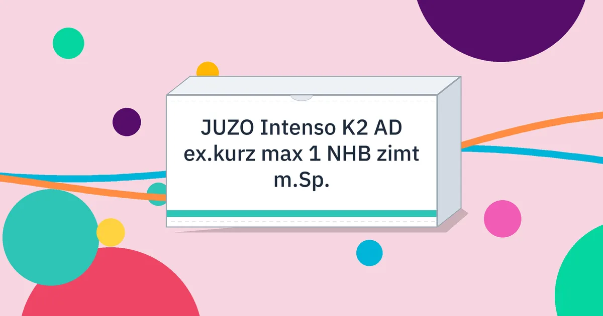 Symbolbild: Packung mit der Aufschrift JUZO Intenso K2 AD ex.kurz max 1 NHB zimt m.Sp. (PZN 18610265) – Verfügbarkeit und Bezug in Apotheken in Frankfurt am Main