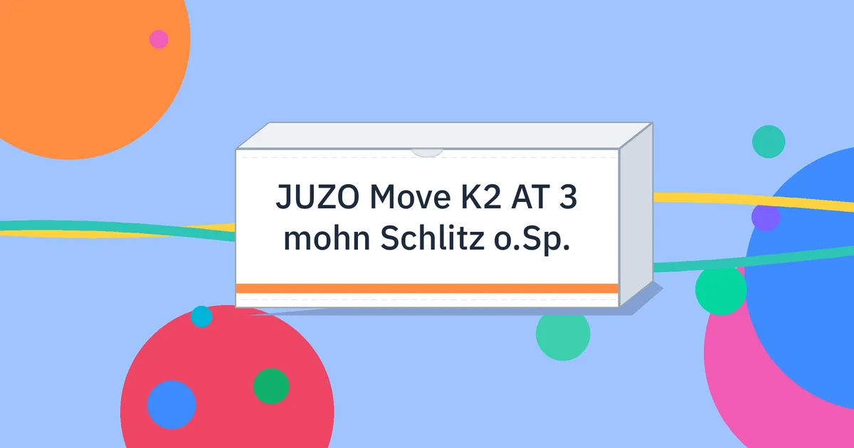 Symbolbild: Packung mit der Aufschrift JUZO Move K2 AT 3 mohn Schlitz o.Sp. (PZN 20670464) – Verfügbarkeit und Bezug in Apotheken in Frankfurt am Main