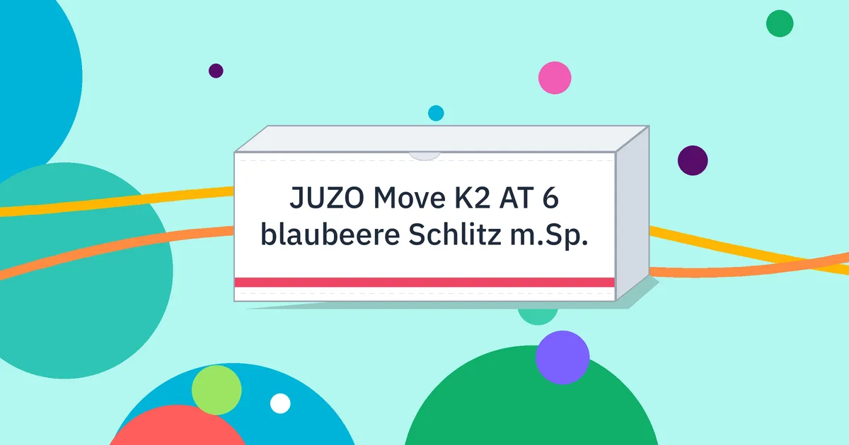 Symbolbild: Packung mit der Aufschrift JUZO Move K2 AT 6 blaubeere Schlitz m.Sp. (PZN 20668800) – Verfügbarkeit und Bezug in Apotheken in Frankfurt am Main