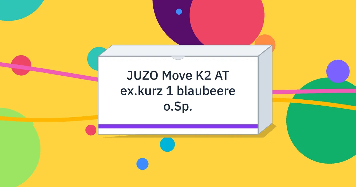 Symbolbild: Packung mit der Aufschrift JUZO Move K2 AT ex.kurz 1 blaubeere o.Sp. (PZN 20672345) – Verfügbarkeit und Bezug in Apotheken in Frankfurt am Main