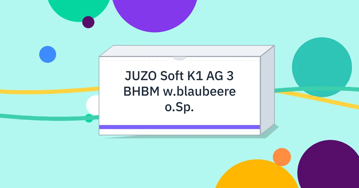 Symbolbild: Packung mit der Aufschrift JUZO Soft K1 AG 3 BHBM w.blaubeere o.Sp. (PZN 14864980) – Verfügbarkeit und Bezug in Apotheken in Frankfurt am Main