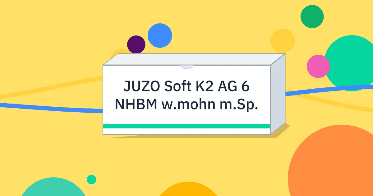 Symbolbild: Packung mit der Aufschrift JUZO Soft K2 AG 6 NHBM w.mohn m.Sp. (PZN 15019459) – Verfügbarkeit und Bezug in Apotheken in Frankfurt am Main