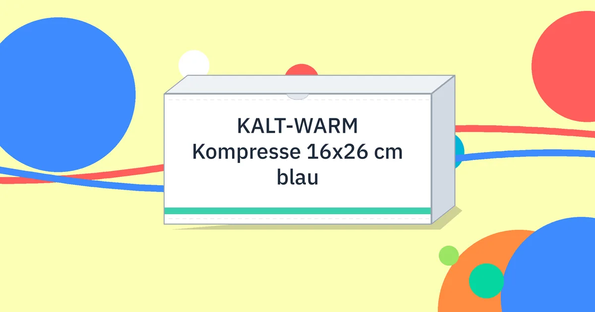 Symbolbild: Packung mit der Aufschrift KALT-WARM Kompresse 16x26 cm blau (PZN 07768514) – Verfügbarkeit und Bezug in Apotheken in Frankfurt am Main