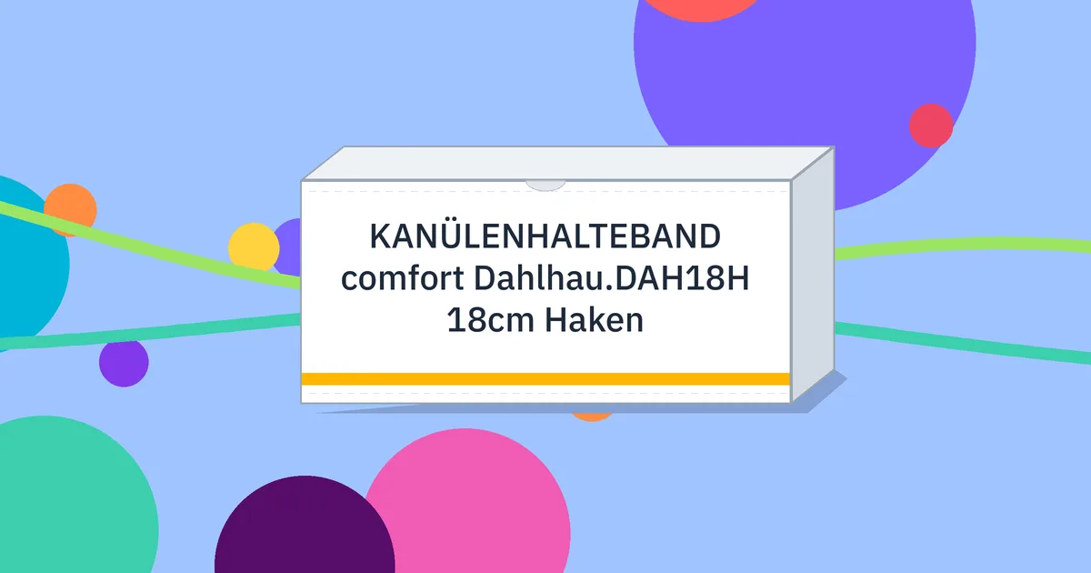 Symbolbild: Packung mit der Aufschrift KANÜLENHALTEBAND comfort Dahlhau.DAH18H 18cm Haken (PZN 08883565) – Verfügbarkeit und Bezug in Apotheken in Frankfurt am Main