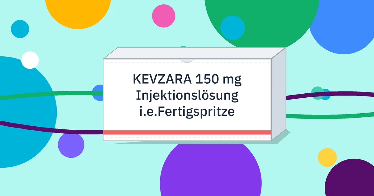 Symbolbild: Packung mit der Aufschrift KEVZARA 150 mg Injektionslösung i.e.Fertigspritze (PZN 16797561) – Verfügbarkeit und Bezug in Apotheken in Frankfurt am Main