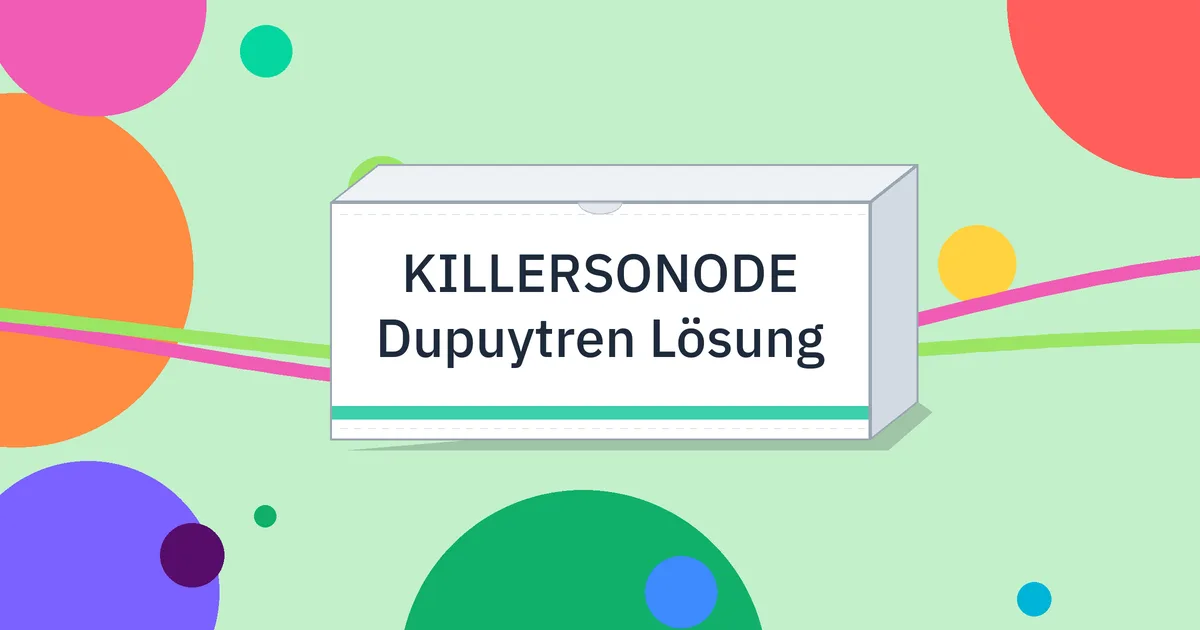 Symbolbild: Packung mit der Aufschrift KILLERSONODE Dupuytren Lösung (PZN 11189029) – Verfügbarkeit und Bezug in Apotheken in Frankfurt am Main