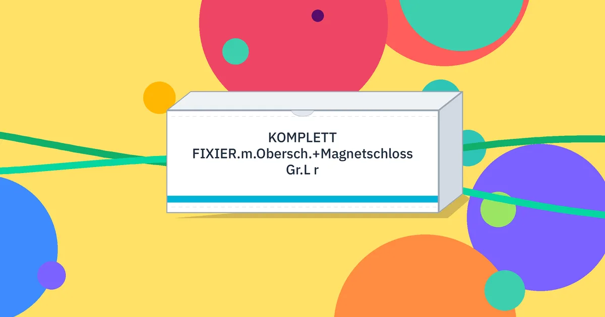 Symbolbild: Packung mit der Aufschrift KOMPLETT FIXIER.m.Obersch.+Magnetschloss Gr.L r (PZN 11573727) – Verfügbarkeit und Bezug in Apotheken in Frankfurt am Main