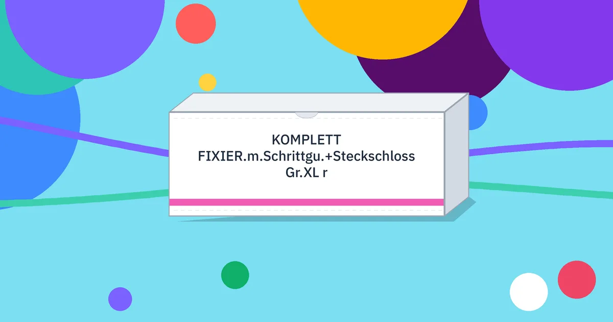 Symbolbild: Packung mit der Aufschrift KOMPLETT FIXIER.m.Schrittgu.+Steckschloss Gr.XL r (PZN 16014352) – Verfügbarkeit und Bezug in Apotheken in Frankfurt am Main