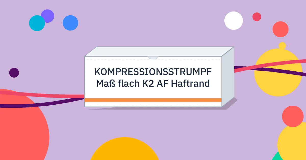 Symbolbild: Packung mit der Aufschrift KOMPRESSIONSSTRUMPF Maß flach K2 AF Haftrand (PZN 16745280) – Verfügbarkeit und Bezug in Apotheken in Frankfurt am Main