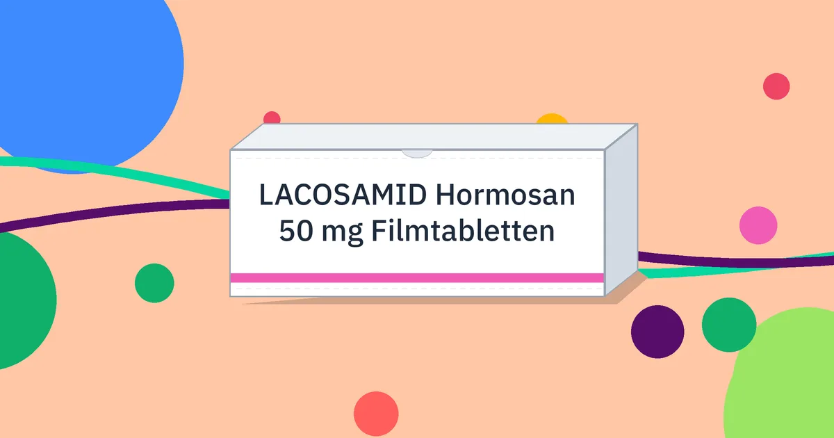 Symbolbild: Packung mit der Aufschrift LACOSAMID Hormosan 50 mg Filmtabletten (PZN 17941847) – Verfügbarkeit und Bezug in Apotheken in Frankfurt am Main