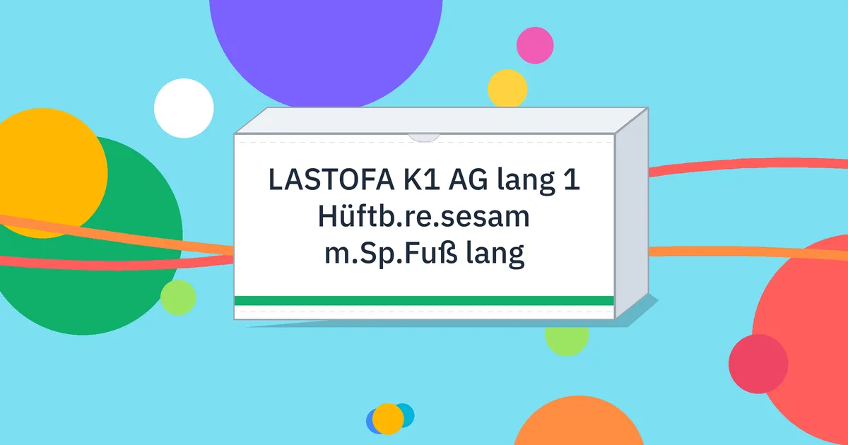 Symbolbild: Packung mit der Aufschrift LASTOFA K1 AG lang 1 Hüftb.re.sesam m.Sp.Fuß lang (PZN 13797402) – Verfügbarkeit und Bezug in Apotheken in Frankfurt am Main