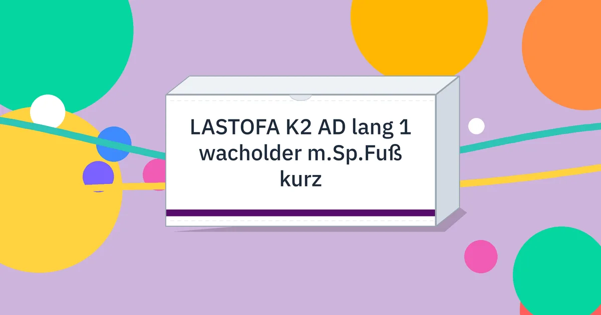 Symbolbild: Packung mit der Aufschrift LASTOFA K2 AD lang 1 wacholder m.Sp.Fuß kurz (PZN 13799499) – Verfügbarkeit und Bezug in Apotheken in Frankfurt am Main