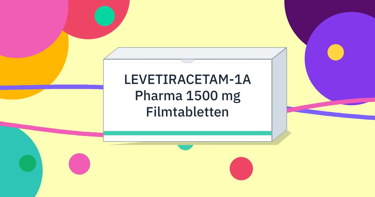 Symbolbild: Packung mit der Aufschrift LEVETIRACETAM-1A Pharma 1500 mg Filmtabletten (PZN 16396336) – Verfügbarkeit und Bezug in Apotheken in Frankfurt am Main