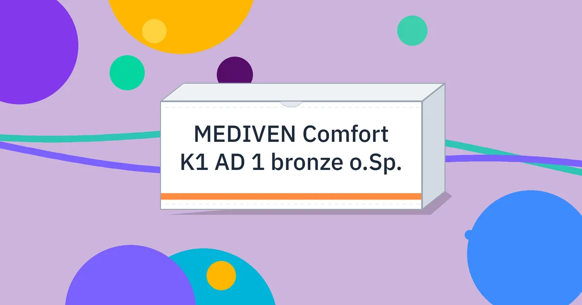 Symbolbild: Packung mit der Aufschrift MEDIVEN Comfort K1 AD 1 bronze o.Sp. (PZN 14559047) – Verfügbarkeit und Bezug in Apotheken in Frankfurt am Main