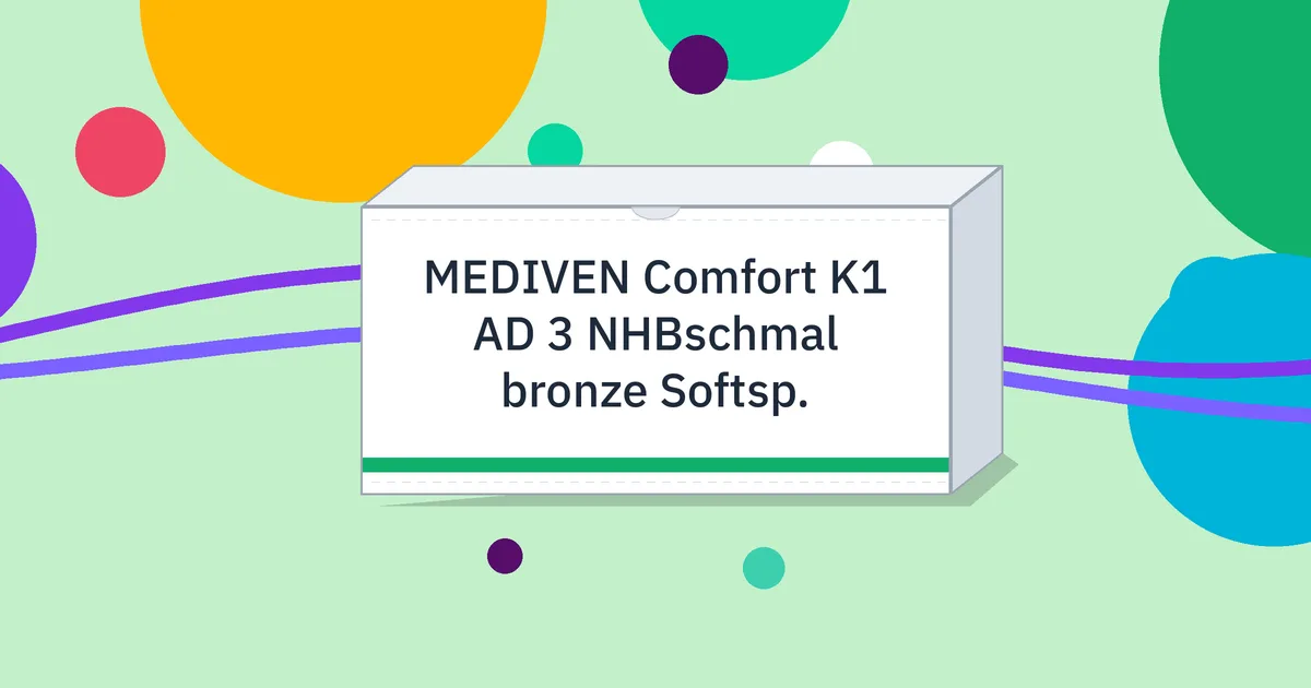 Symbolbild: Packung mit der Aufschrift MEDIVEN Comfort K1 AD 3 NHBschmal bronze Softsp. (PZN 14561831) – Verfügbarkeit und Bezug in Apotheken in Frankfurt am Main