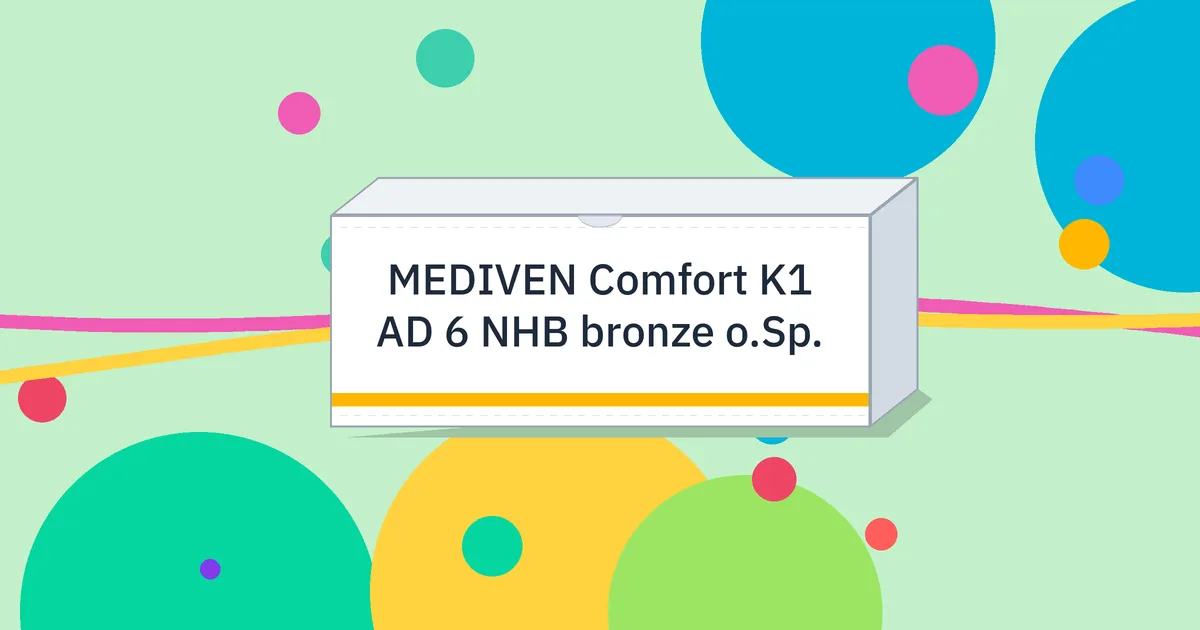 Symbolbild: Packung mit der Aufschrift MEDIVEN Comfort K1 AD 6 NHB bronze o.Sp. (PZN 14560429) – Verfügbarkeit und Bezug in Apotheken in Frankfurt am Main
