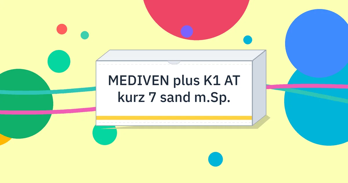 Symbolbild: Packung mit der Aufschrift MEDIVEN plus K1 AT kurz 7 sand m.Sp. (PZN 18932158) – Verfügbarkeit und Bezug in Apotheken in Frankfurt am Main