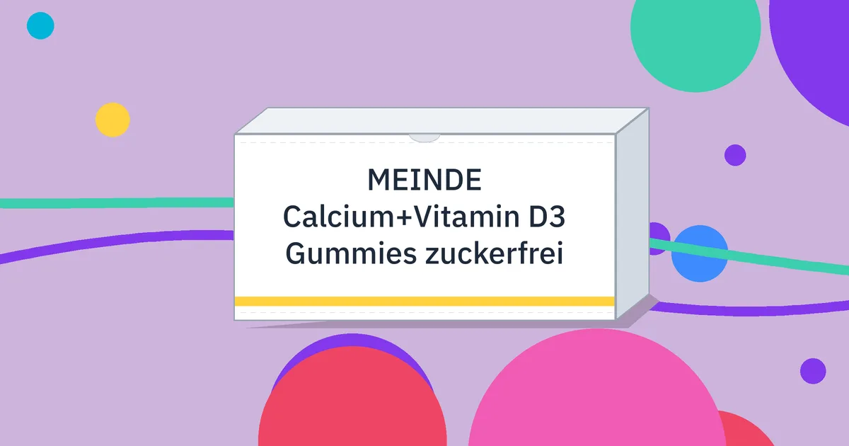 Symbolbild: Packung mit der Aufschrift MEINDE Calcium+Vitamin D3 Gummies zuckerfrei (PZN 20107510) – Verfügbarkeit und Bezug in Apotheken in Frankfurt am Main