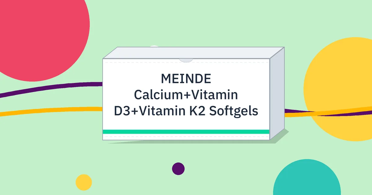 Symbolbild: Packung mit der Aufschrift MEINDE Calcium+Vitamin D3+Vitamin K2 Softgels (PZN 20103311) – Verfügbarkeit und Bezug in Apotheken in Frankfurt am Main