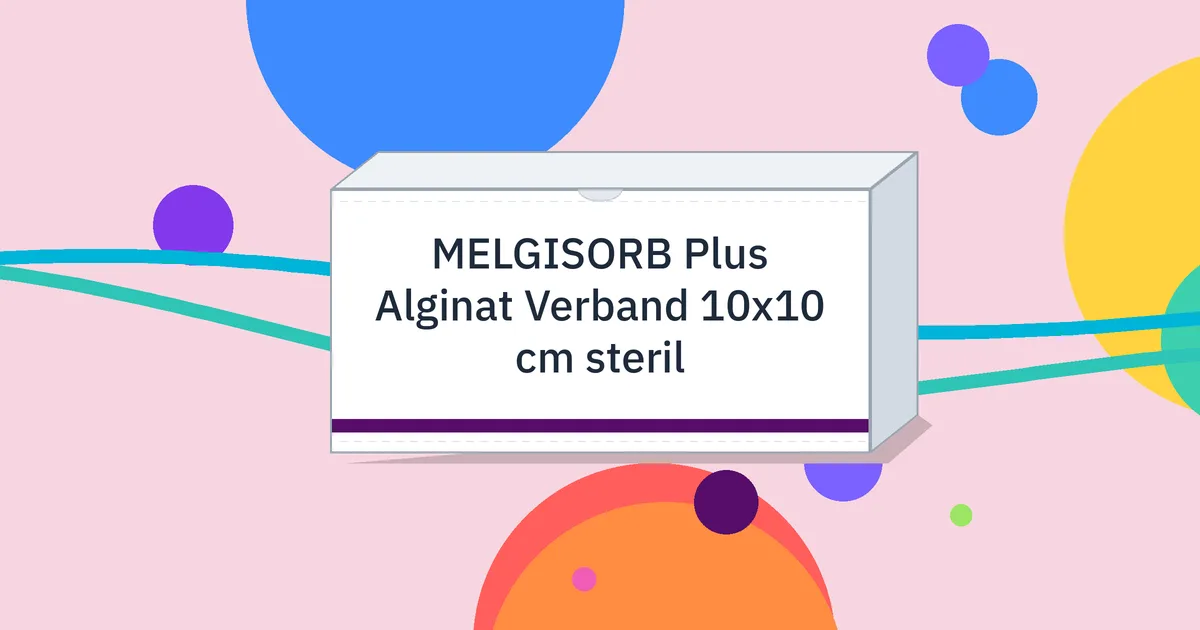 Symbolbild: Packung mit der Aufschrift MELGISORB Plus Alginat Verband 10x10 cm steril (PZN 10263893) – Verfügbarkeit und Bezug in Apotheken in Frankfurt am Main