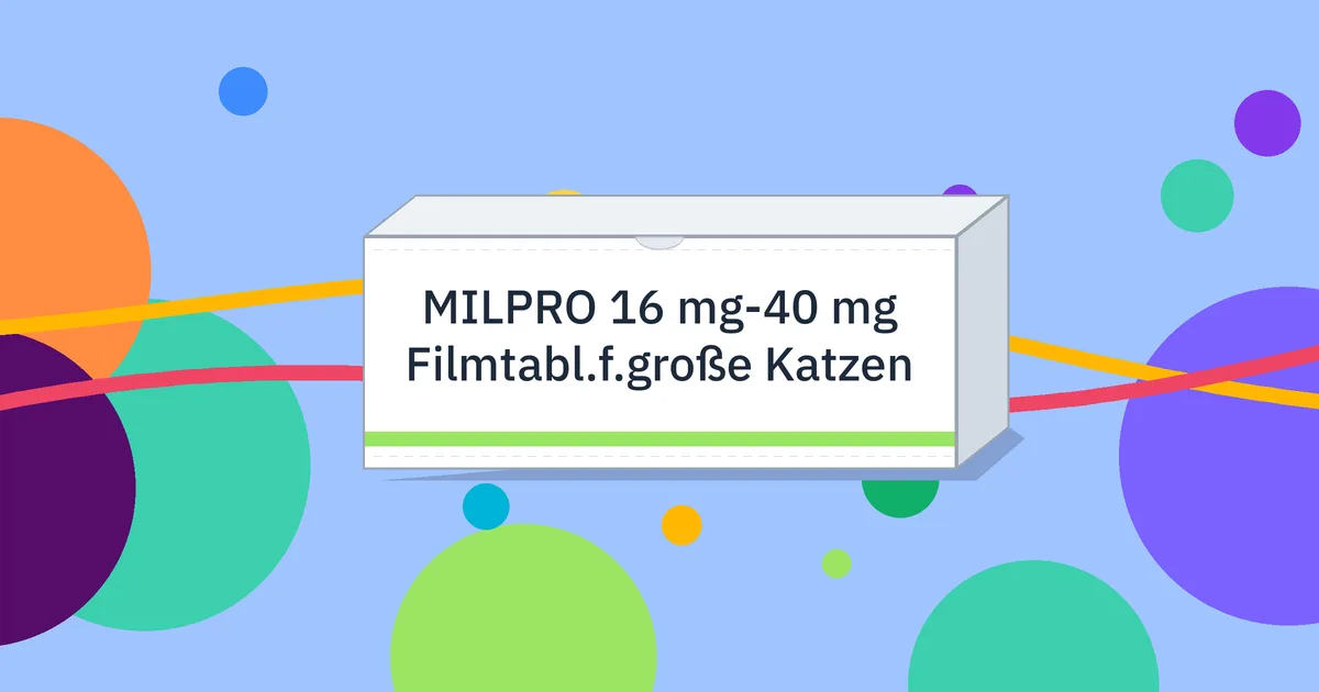 Symbolbild: Packung mit der Aufschrift MILPRO 16 mg-40 mg Filmtabl.f.große Katzen (PZN 11034901) – Verfügbarkeit und Bezug in Apotheken in Frankfurt am Main